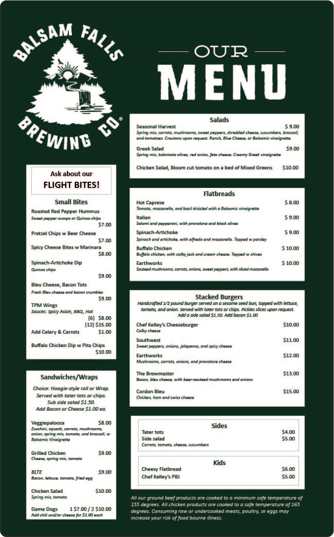 Second menu – BALSAM FALLS BREWING CO
